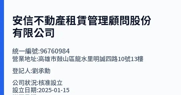 安信不動產租賃管理顧問股份有限公司的照片-統編 96760984(高雄市) 公司登記資料與營業項目詳細圖表