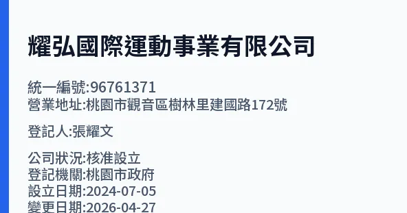 耀弘國際運動事業有限公司的照片-統編 96761371(桃園市) 公司登記資料與營業項目詳細圖表