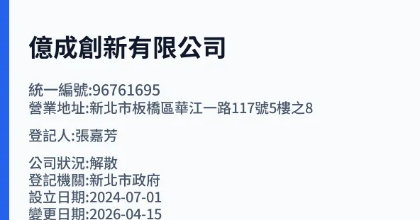 億成創新有限公司的照片-統編 96761695(新北市) 公司登記資料與營業項目詳細圖表