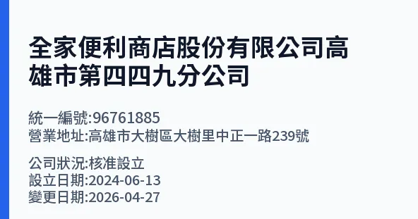 全家便利商店股份有限公司高雄市第四四九分公司的照片-統編 96761885(高雄市) 公司登記資料與營業項目詳細圖表