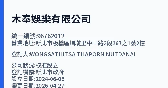 木奉娛樂有限公司的照片-統編 96762012(新北市) 公司登記資料與營業項目詳細圖表