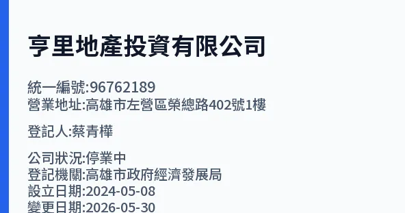 亨里地產投資有限公司的照片-統編 96762189(高雄市) 公司登記資料與營業項目詳細圖表