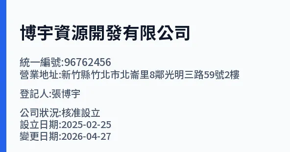 博宇資源開發有限公司的照片-統編 96762456(新竹縣) 公司登記資料與營業項目詳細圖表