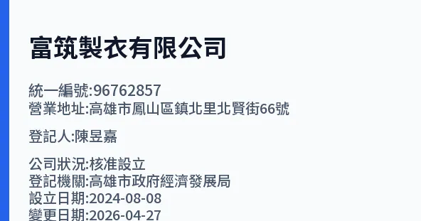 富筑製衣有限公司的照片-統編 96762857(高雄市) 公司登記資料與營業項目詳細圖表