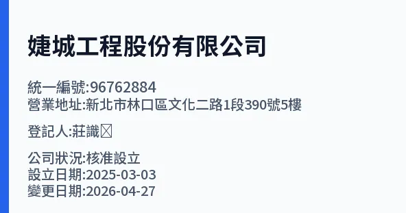 婕城工程股份有限公司的照片-統編 96762884(新北市) 公司登記資料與營業項目詳細圖表