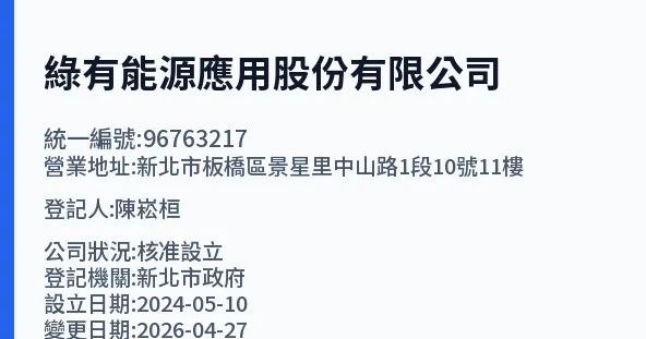 綠有能源應用股份有限公司的照片-統編 96763217(新北市) 公司登記資料與營業項目詳細圖表