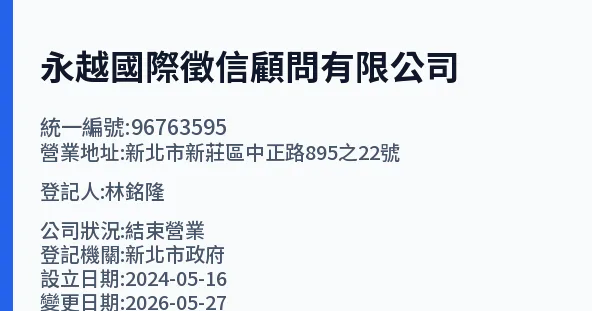 永越國際徵信顧問有限公司的照片-統編 96763595(新北市) 公司登記資料與營業項目詳細圖表