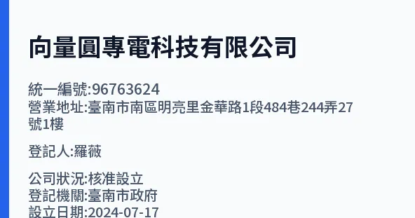 向量圓專電科技有限公司的照片-統編 96763624(臺南市) 公司登記資料與營業項目詳細圖表