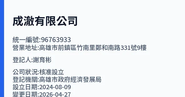成澈有限公司的照片-統編 96763933(高雄市) 公司登記資料與營業項目詳細圖表