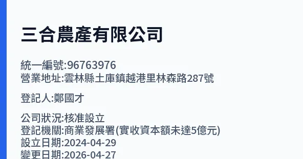 三合農產有限公司的照片-統編 96763976(雲林縣) 公司登記資料與營業項目詳細圖表