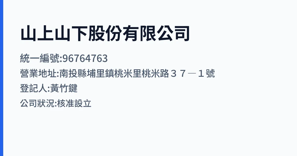 山上山下股份有限公司 - 統編 96764763(南投縣) 公司登記資料與營業項目詳細圖表