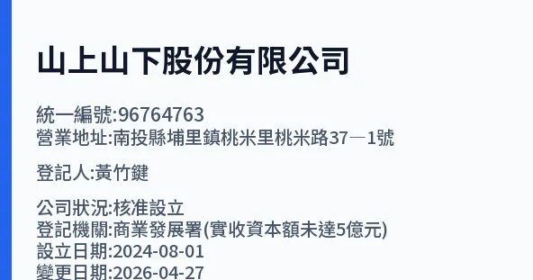 山上山下股份有限公司的照片-統編 96764763(南投縣) 公司登記資料與營業項目詳細圖表
