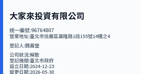 大家來投資有限公司的照片-統編 96764807(臺北市) 公司登記資料與營業項目詳細圖表
