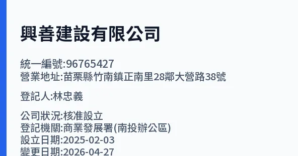 興善建設有限公司的照片-統編 96765427(苗栗縣) 公司登記資料與營業項目詳細圖表