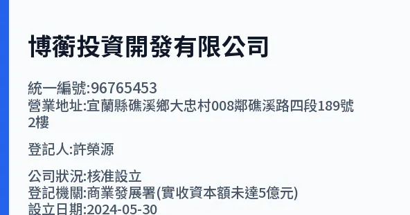 博蘅投資開發有限公司的照片-統編 96765453(宜蘭縣) 公司登記資料與營業項目詳細圖表