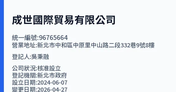 成世國際貿易有限公司的照片-統編 96765664(新北市) 公司登記資料與營業項目詳細圖表