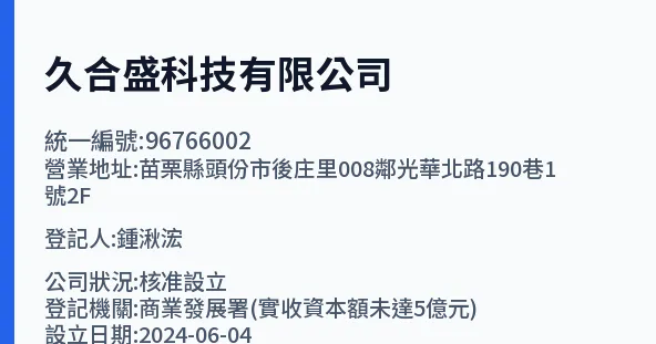 久合盛科技有限公司的照片-統編 96766002(苗栗縣) 公司登記資料與營業項目詳細圖表
