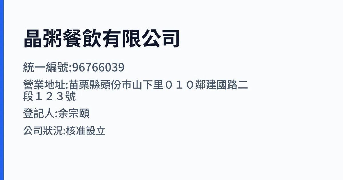 晶粥餐飲有限公司 - 統編 96766039(苗栗縣) 公司登記資料與營業項目詳細圖表