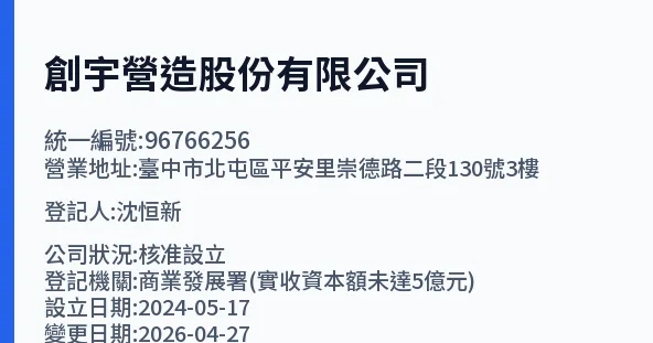 創宇營造股份有限公司的照片-統編 96766256(臺中市) 公司登記資料與營業項目詳細圖表