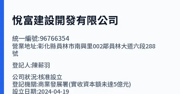 悅富建設開發有限公司的照片-統編 96766354(彰化縣) 公司登記資料與營業項目詳細圖表
