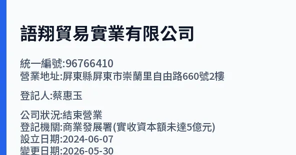 語翔貿易實業有限公司的照片-統編 96766410(屏東縣) 公司登記資料與營業項目詳細圖表