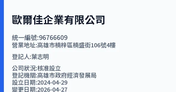 歐爾佳企業有限公司的照片-統編 96766609(高雄市) 公司登記資料與營業項目詳細圖表
