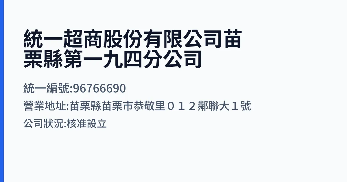 統一超商股份有限公司苗栗縣第一九四分公司 - 統編 96766690(苗栗縣) 公司登記資料與營業項目詳細圖表