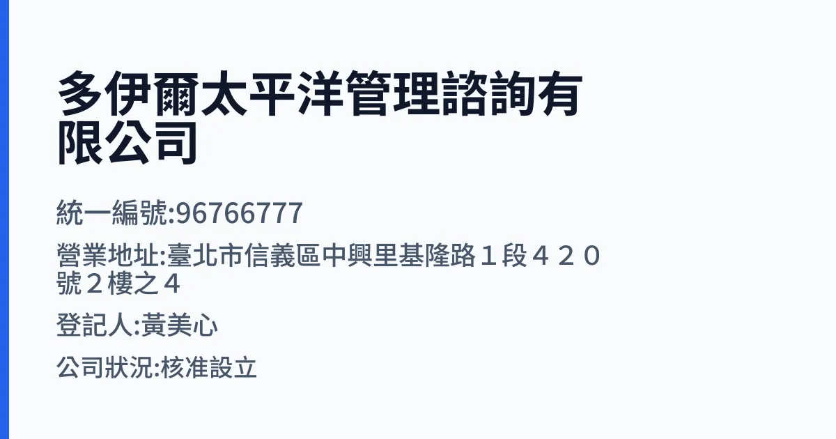多伊爾太平洋管理諮詢有限公司 - 統編 96766777(臺北市) 公司登記資料與營業項目詳細圖表