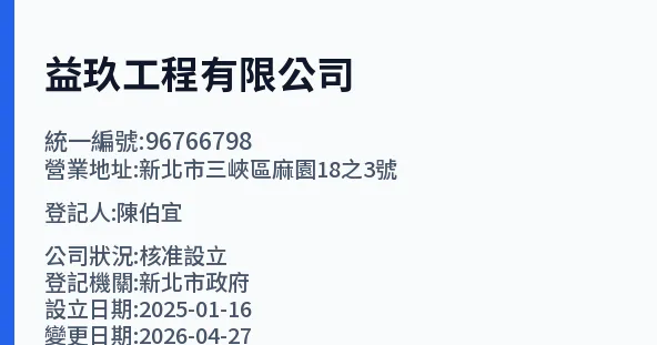 益玖工程有限公司的照片-統編 96766798(新北市) 公司登記資料與營業項目詳細圖表