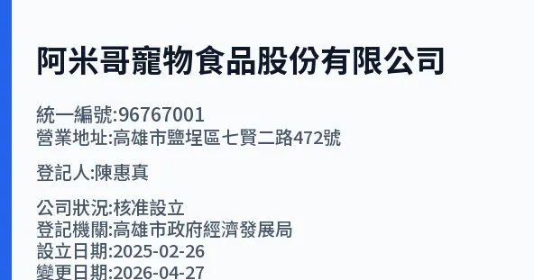 阿米哥寵物食品股份有限公司的照片-統編 96767001(高雄市) 公司登記資料與營業項目詳細圖表