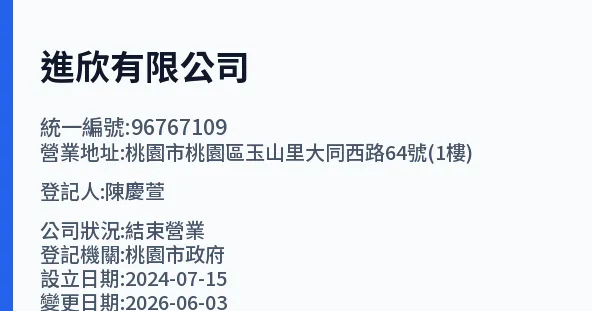 進欣有限公司的照片-統編 96767109(桃園市) 公司登記資料與營業項目詳細圖表