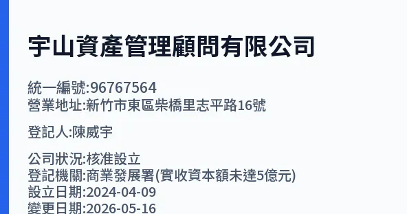宇山資產管理顧問有限公司的照片-統編 96767564(新竹市) 公司登記資料與營業項目詳細圖表