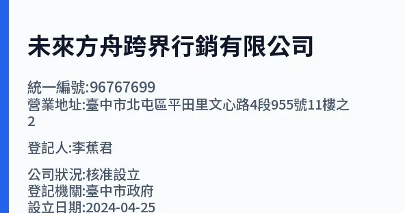 未來方舟跨界行銷有限公司的照片-統編 96767699(臺中市) 公司登記資料與營業項目詳細圖表