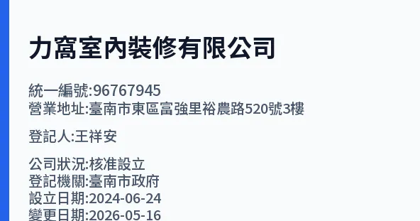 力窩室內裝修有限公司的照片-統編 96767945(臺南市) 公司登記資料與營業項目詳細圖表