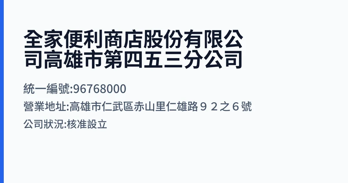 全家便利商店股份有限公司高雄市第四五三分公司 - 統編 96768000(高雄市) 公司登記資料與營業項目詳細圖表