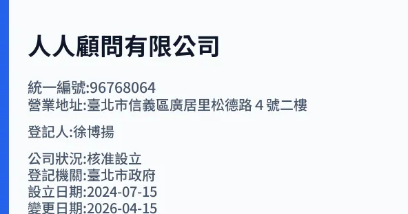 人人顧問有限公司的照片-統編 96768064(臺北市) 公司登記資料與營業項目詳細圖表