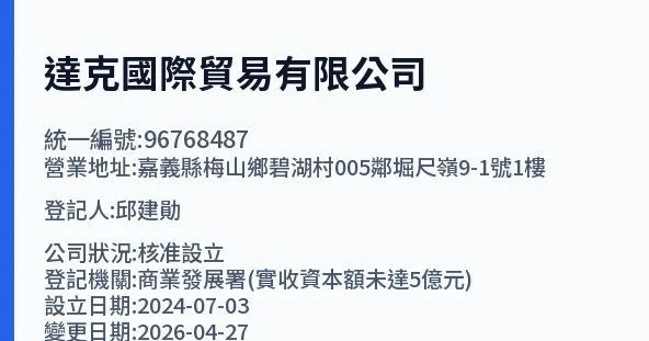 達克國際貿易有限公司的照片-統編 96768487(嘉義縣) 公司登記資料與營業項目詳細圖表