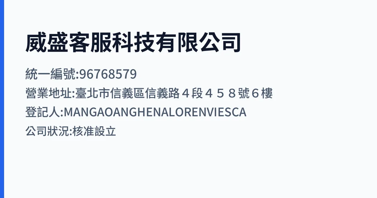 威盛客服科技有限公司 - 統編 96768579(臺北市) 公司登記資料與營業項目詳細圖表