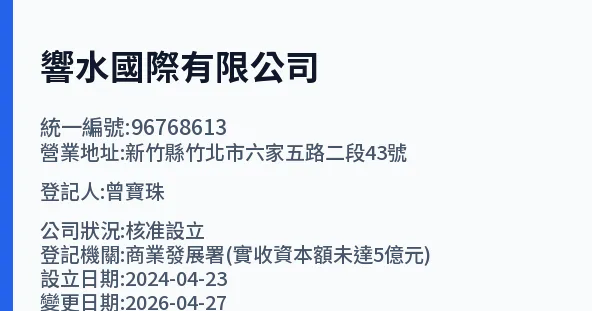 響水國際有限公司的照片-統編 96768613(新竹縣) 公司登記資料與營業項目詳細圖表
