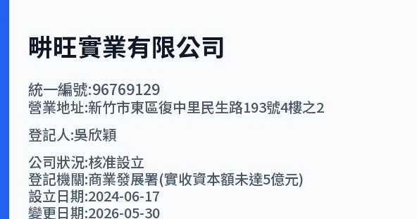畊旺實業有限公司的照片-統編 96769129(新竹市) 公司登記資料與營業項目詳細圖表