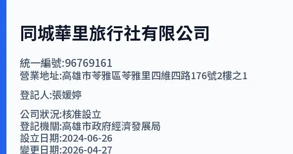 同城華里旅行社有限公司的照片-統編 96769161(高雄市) 公司登記資料與營業項目詳細圖表