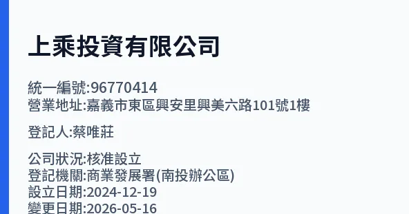 上乘投資有限公司的照片-統編 96770414(嘉義市) 公司登記資料與營業項目詳細圖表
