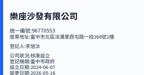 樂座沙發有限公司的照片-統編 96770553(臺中市) 公司登記資料與營業項目詳細圖表