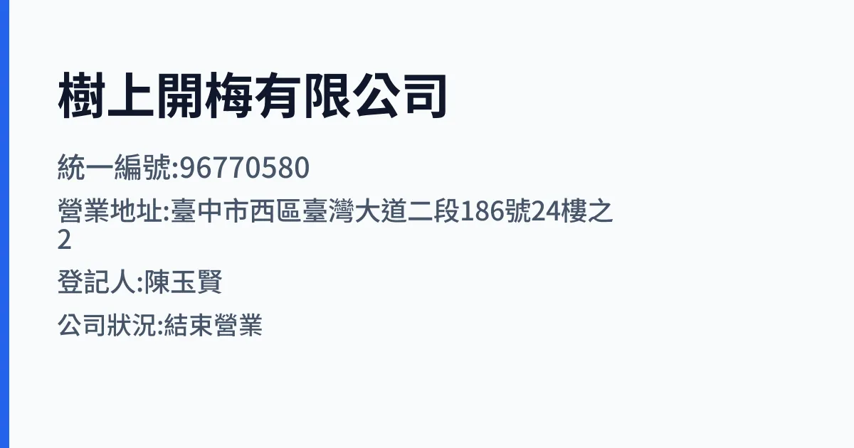 樹上開梅有限公司 - 統編 96770580(臺中市) 公司登記資料與營業項目詳細圖表