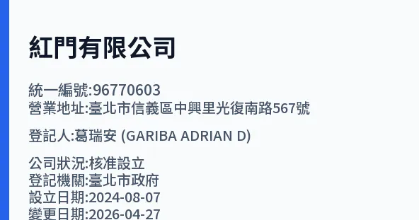紅門有限公司的照片-統編 96770603(臺北市) 公司登記資料與營業項目詳細圖表