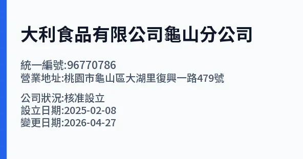 大利食品有限公司龜山分公司的照片-統編 96770786(桃園市) 公司登記資料與營業項目詳細圖表