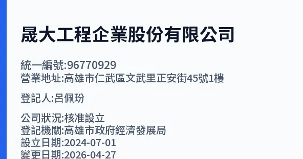 晟大工程企業股份有限公司的照片-統編 96770929(高雄市) 公司登記資料與營業項目詳細圖表
