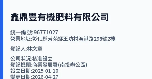 鑫鼎豐有機肥料有限公司的照片-統編 96771027(彰化縣) 公司登記資料與營業項目詳細圖表