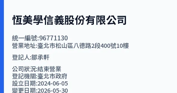 恆美學信義股份有限公司的照片-統編 96771130(臺北市) 公司登記資料與營業項目詳細圖表