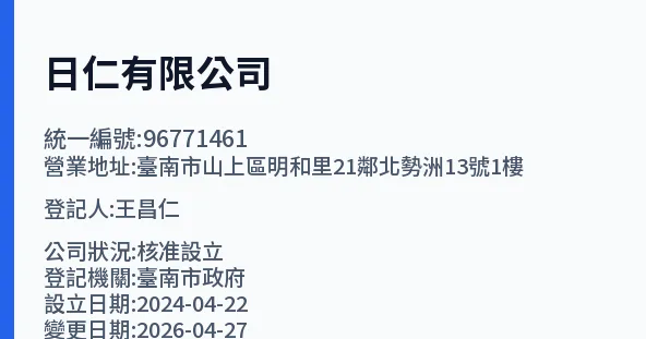日仁有限公司的照片-統編 96771461(臺南市) 公司登記資料與營業項目詳細圖表